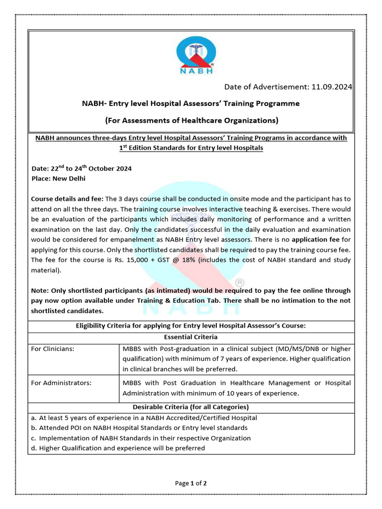 NABH Hospital Assessor Training 2024 | PDF | Doctor Of Medicine