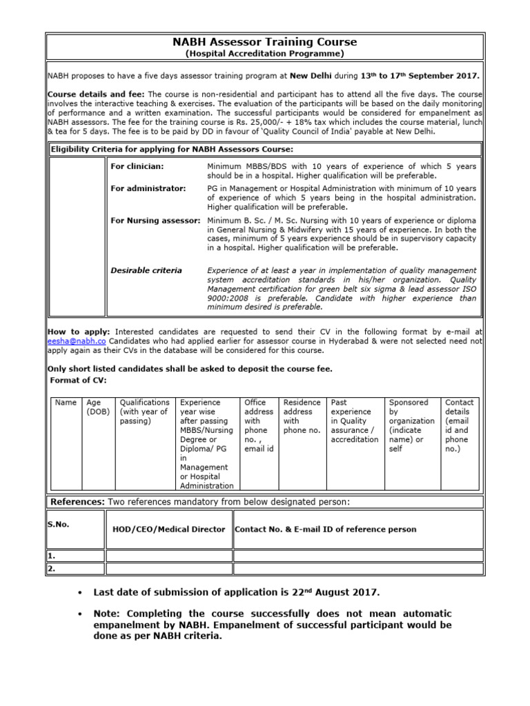 Advertisment-NABH Assessor Training Course | PDF | Nursing | Health Care