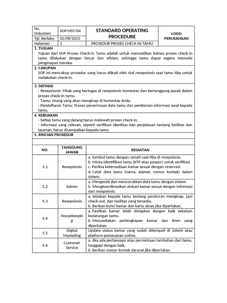 4. SOP Proses Check-in Tamu | PDF