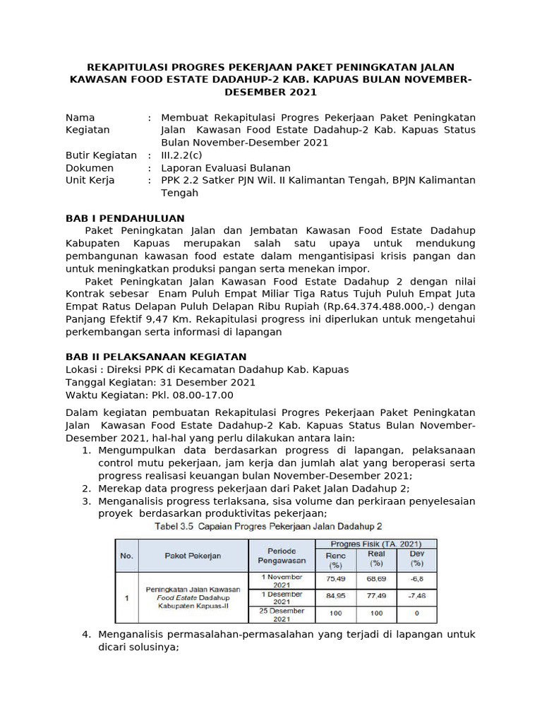 Laporan Evaluasi Bulanan Paket Peningkatan Jalan Kawasan FE Dadahup-2 Nov-Des 2021 | PDF