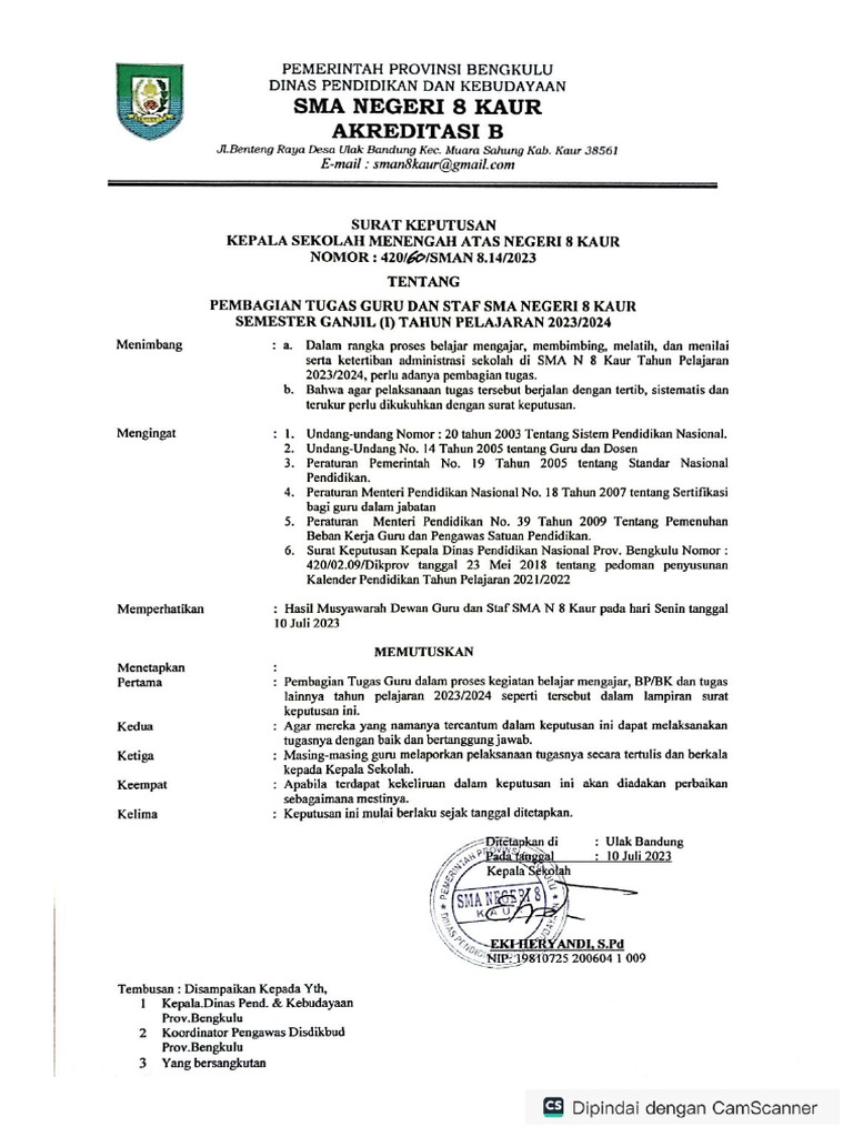 SK Pembagian Tugas T.P 2023-2024 | PDF