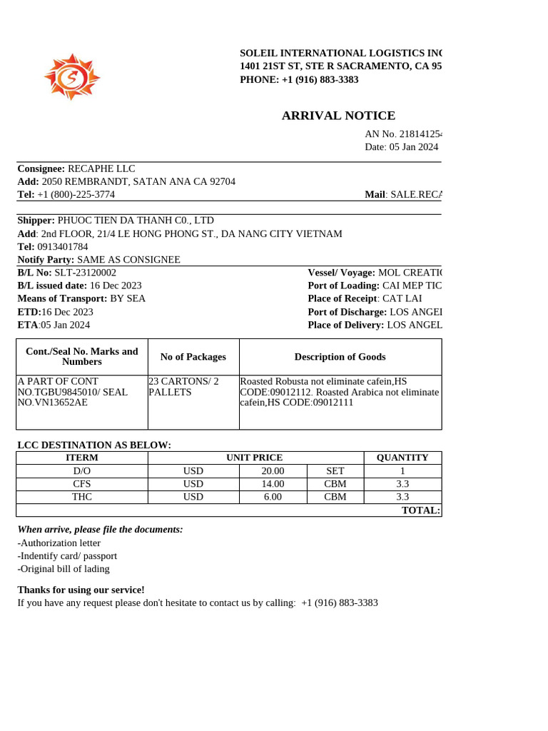 Arrival Notice and Delivery Order Details | PDF | Cargo | Payments