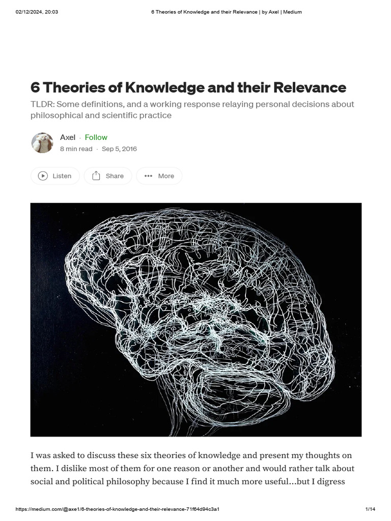 6 Theories of Knowledge and Their Relevance - by Axel - Medium | PDF | Epistemology | Knowledge