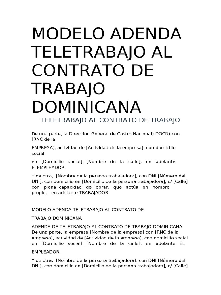 Modelo Adenda Teletrabajo Al Contratode Trabajo Dominicano | PDF