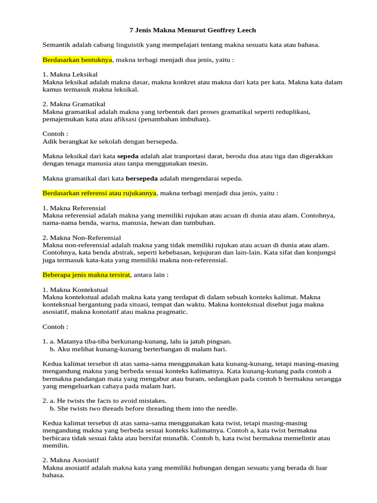 7 Jenis Makna Menurut Geoffrey Leech | PDF