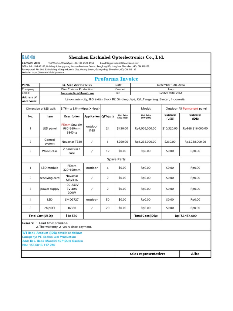 Proforma Invoice-24pcs Outdoor P5mm LED Screen From Alice@Eachinled | PDF
