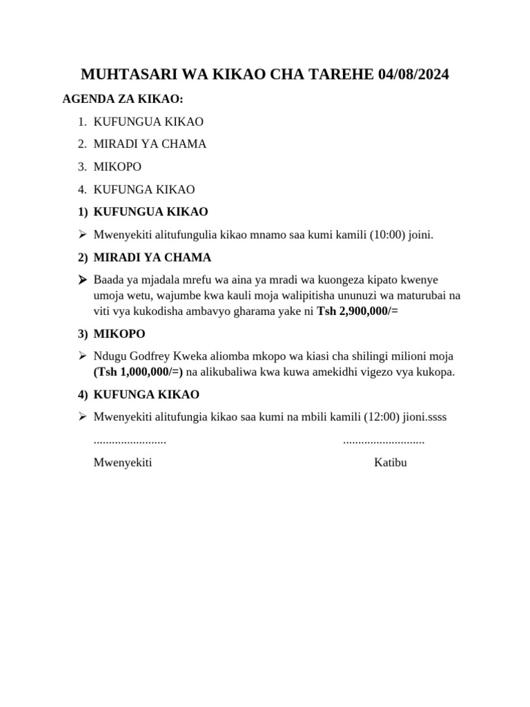 Muhtasari Wa Kikao Cha Tarehe 04 | PDF