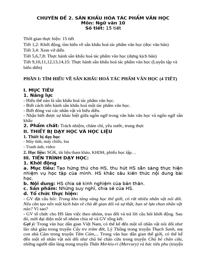 Chuyên Đề 2. Sân Khấu Hóa Tác Phẩm Văn Học Môn: Ngữ văn 10 Số tiết | PDF