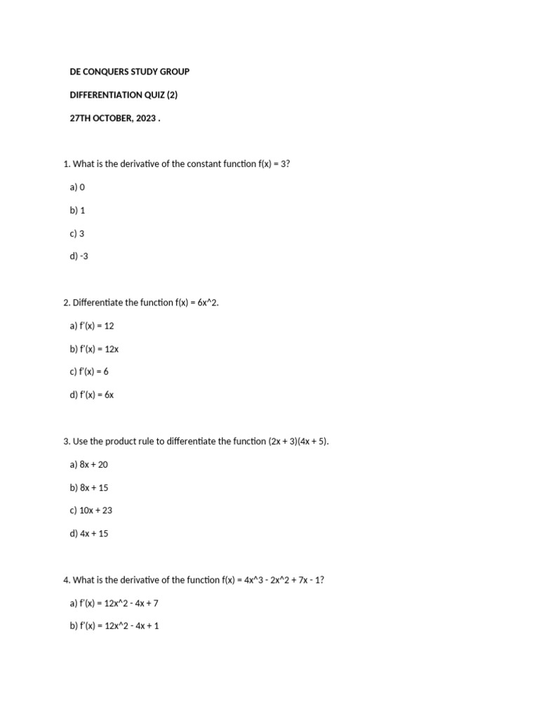 Differentiation Quiz (2) | PDF | Trigonometric Functions | Derivative