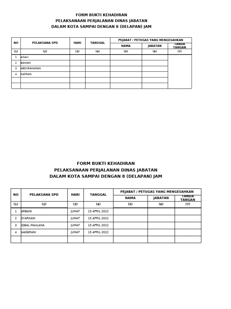 Form Bukti Kehadiran Dlam Kota 8 Jam | PDF