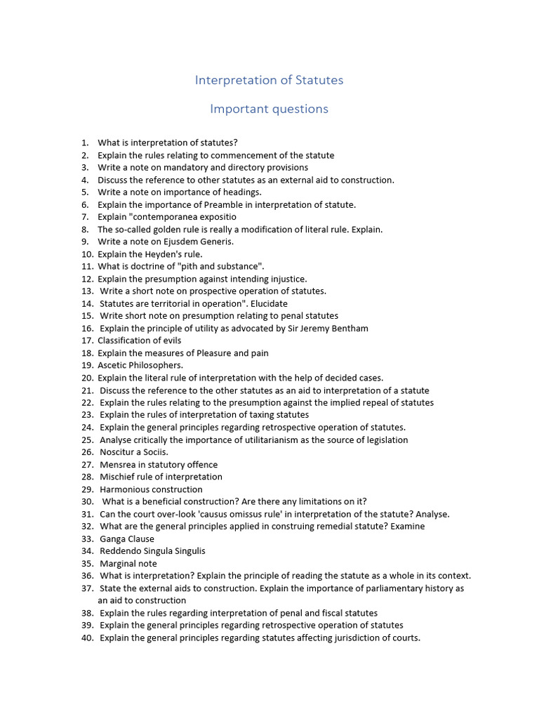 Important Questions - Interpretation of Statutes | PDF | Statutory ...