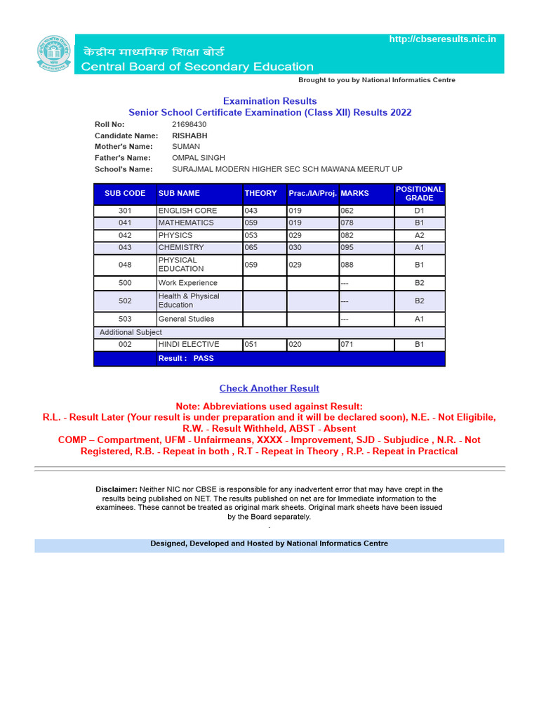 CBSE - Senior School Certificate Examination (Class XII) Results 2022 ...