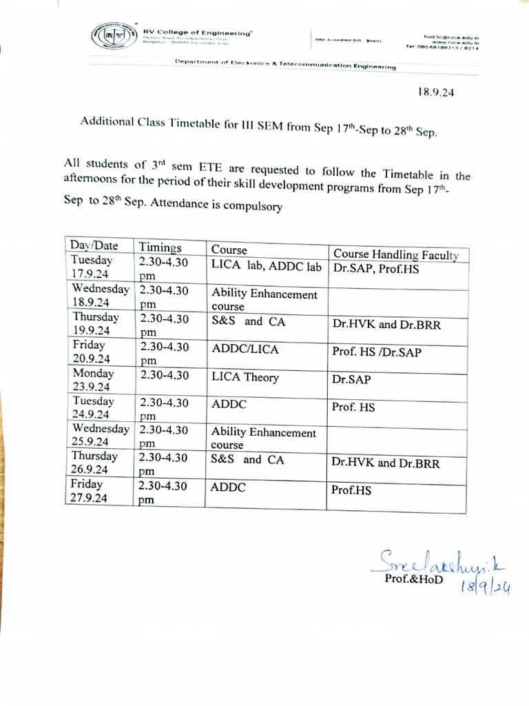 Additional TImetable During Skill lab (III sem ETE) | PDF