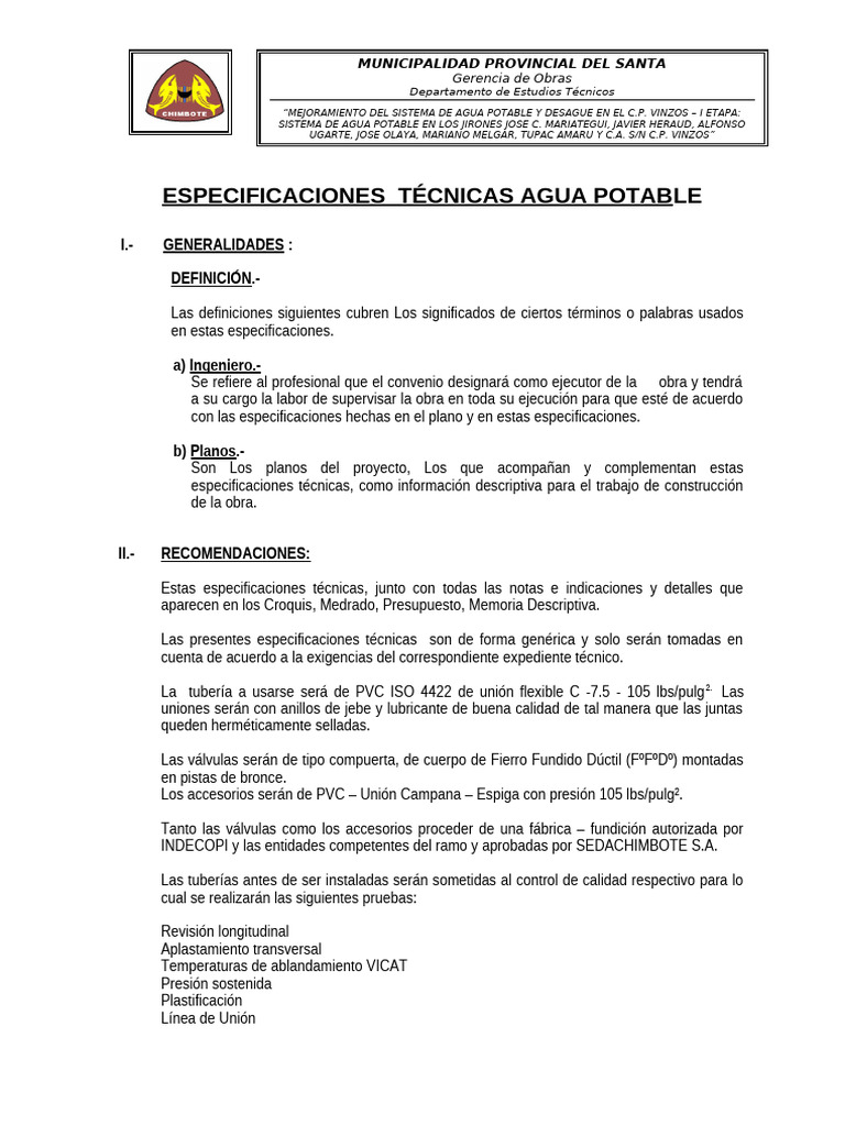 Especificaciones - Agua Potable1 | PDF | Tubería (transporte de fluidos) | Agua