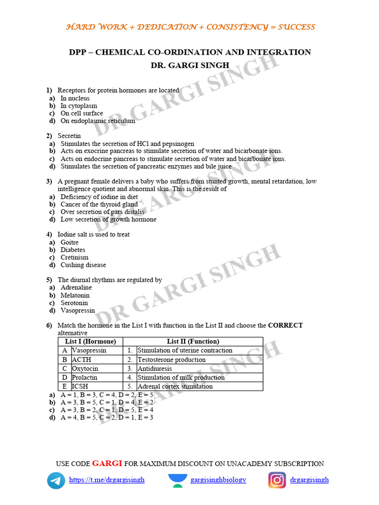 Chemical Co-Ordination and Integration - DPP | PDF | Adrenal Gland | Hormone