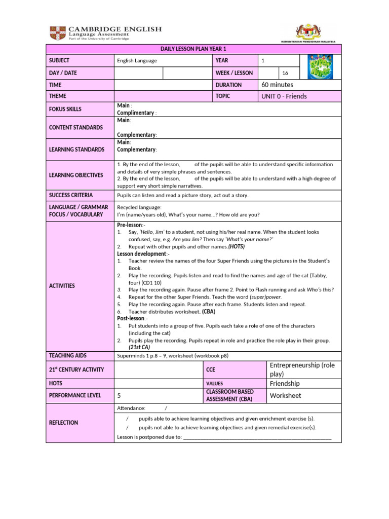 RPH BI YEAR 1 (LP 16-20) | PDF | Lesson Plan | Teachers