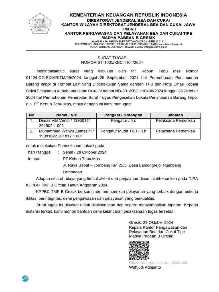 Surat Tugas Kegiatan Pengecekan Lokasi Penimbunan Barang Impor An PT ...