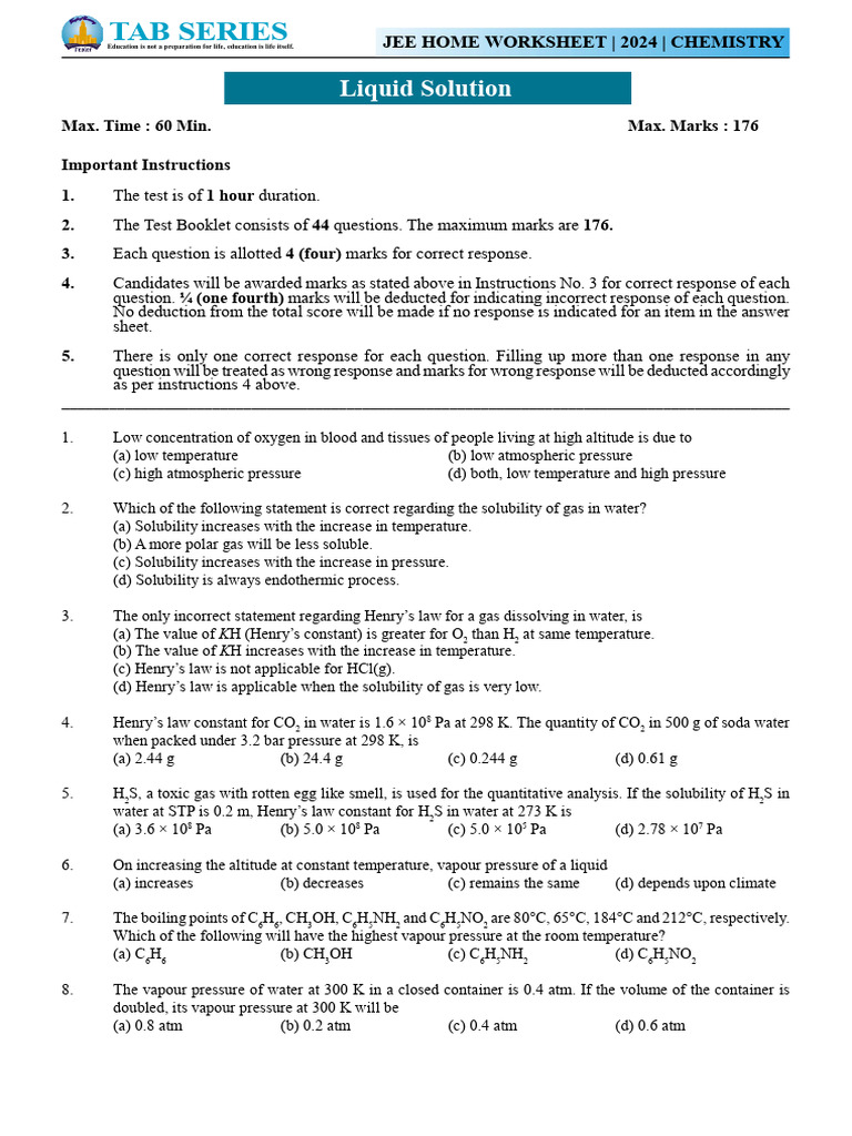 Sb Sir Liquid Solution Hw | PDF | Distillation | Chemistry