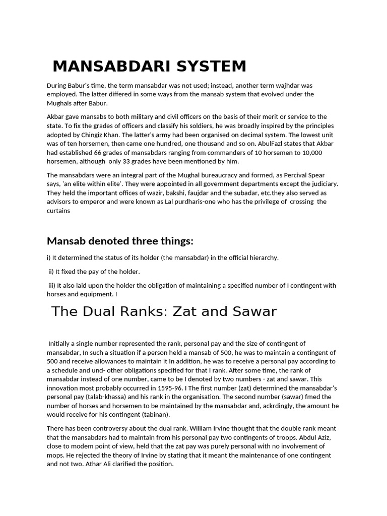 Hs (H) - IV-EM-The Mansab and Jagir Systems | PDF
