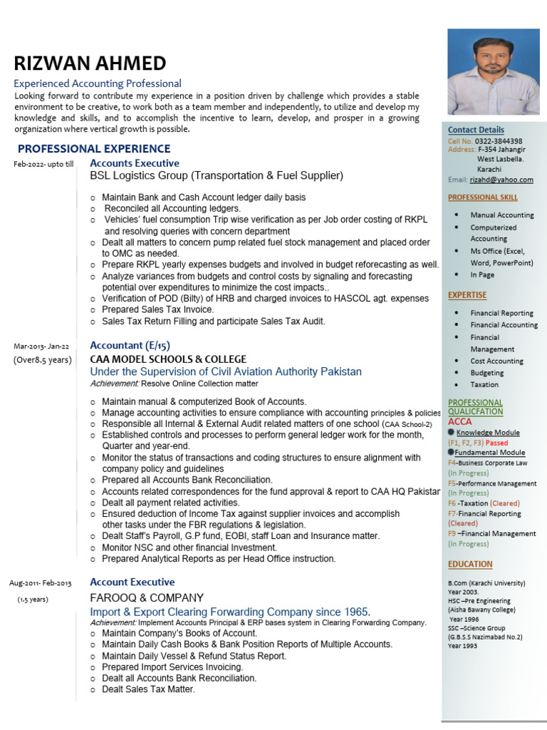 RIZWAN ONE PAGE CV - Actual | PDF | Audit | Taxes
