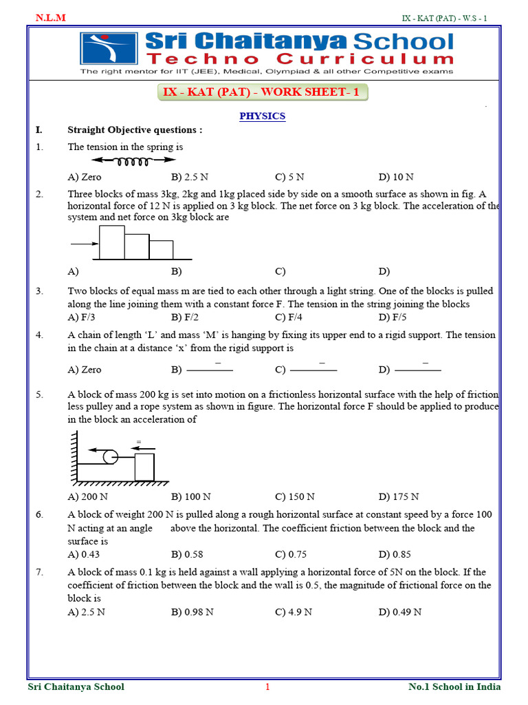 Kat Ix Physics Work Sheet - 1 & Solutions | PDF | Force | Tension (Physics)