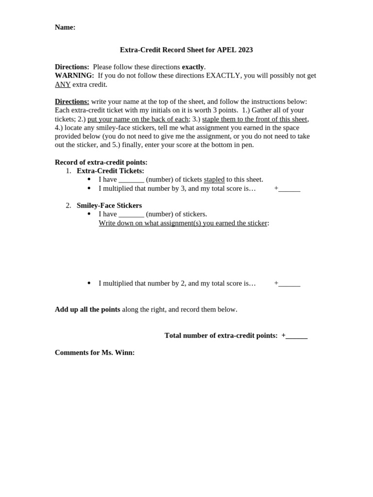 Extra Credit Record Sheet for APEL 2022 | PDF