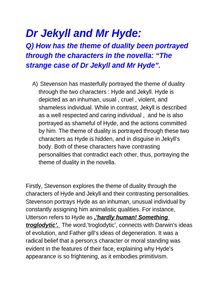 DR Jekyll and MR Hyde - Theme of Duality | PDF | Strange Case Of Dr ...