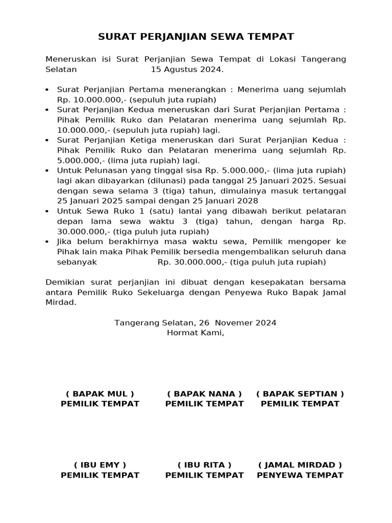 Surat Perjanjian Sewa Tempat | PDF