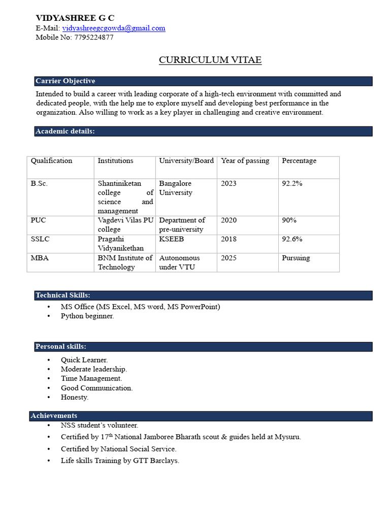 VIDYASHREE G C (Resume) | PDF