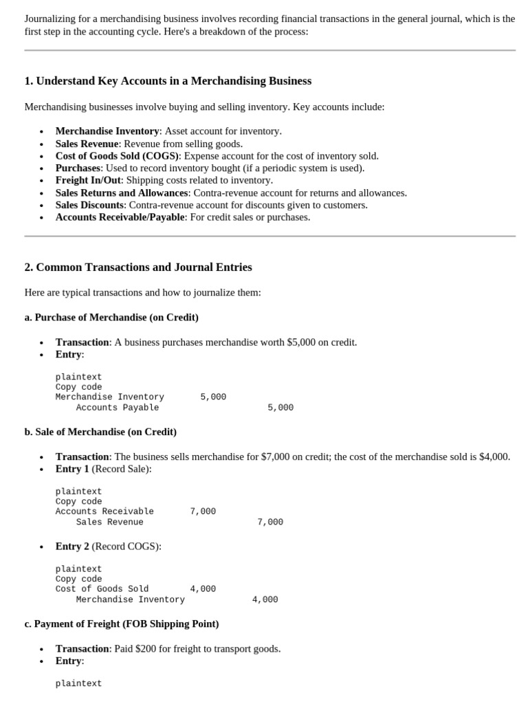 Journalizing For A Merchandising Business Involves Recording Financial ...