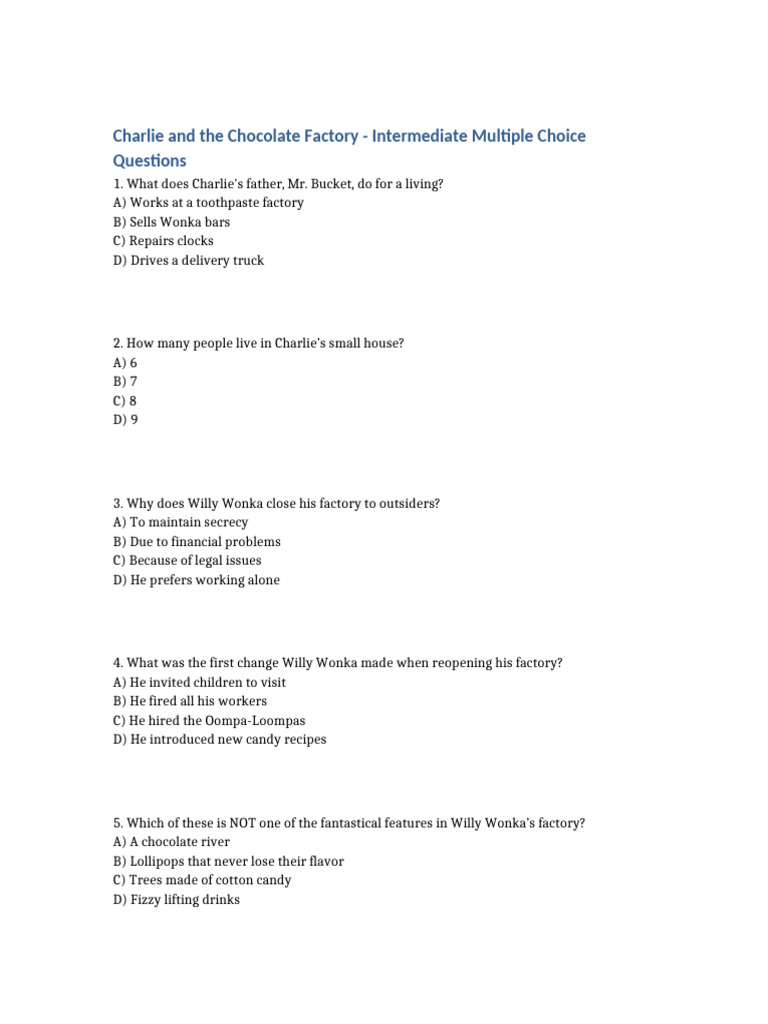 Charlie and The Chocolate Factory Intermediate Questions | PDF ...