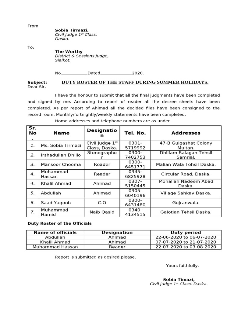 20.06.2020. DUTY ROASTER Summer Holidays | PDF