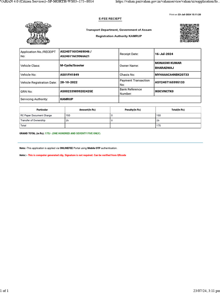 VAHAN 4.0 (Citizen Services) SP-MORTH-WS03 175 8014 | PDF | Receipt ...