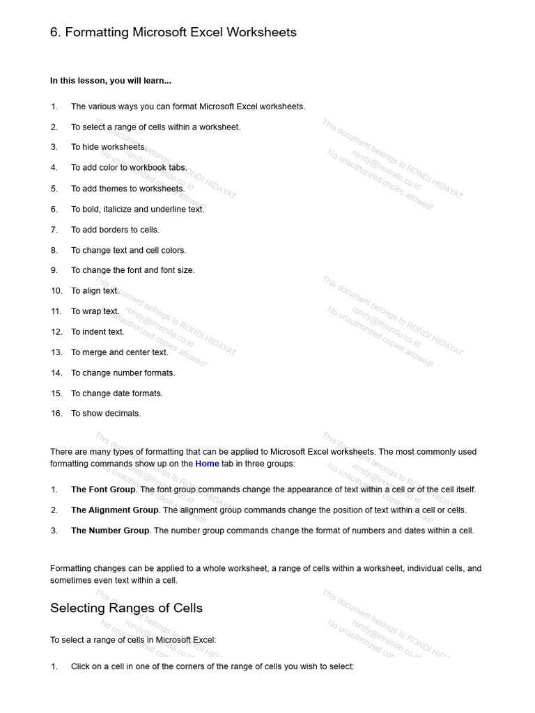 Formatting Microsoft Excel Worksheets | PDF | Software | Computing ...