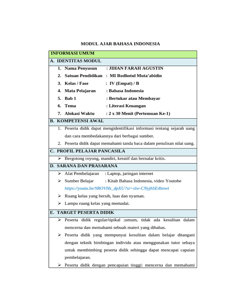 MODUL AJAR Pertemuan 1 Fiks | PDF