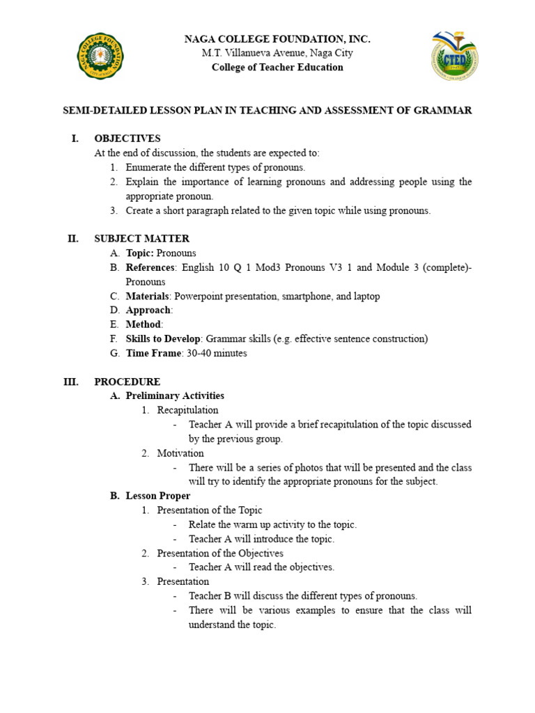 LESSON PLAN | PDF | Pronoun | Noun