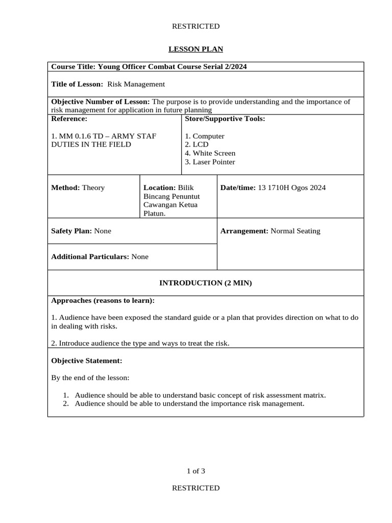Lesson Plan LT M Asyraf & LT M Haris | PDF | Risk | Risk Management