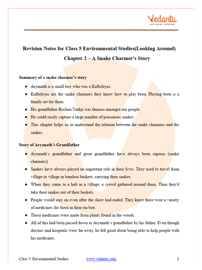EVS Class 5 Chapter 2 A Snake Charmers Story Notes FREE PDF | PDF | Snake