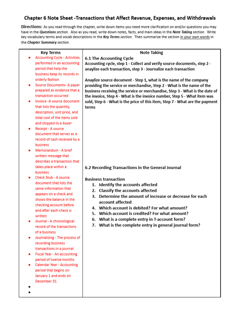 Copy of Chapter 6 Note Sheet Student | PDF | Cheque | Debits And Credits