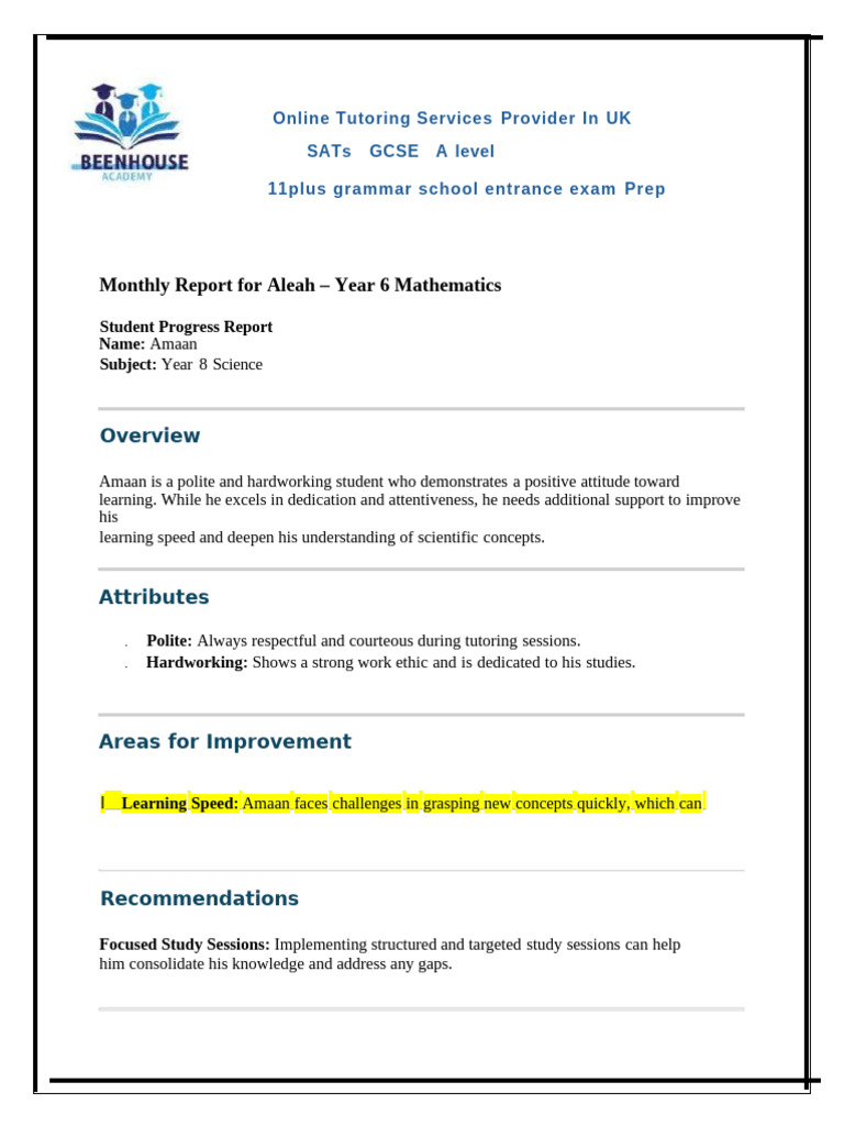 Year 8 Science Progress Report for Amaan | PDF | Science