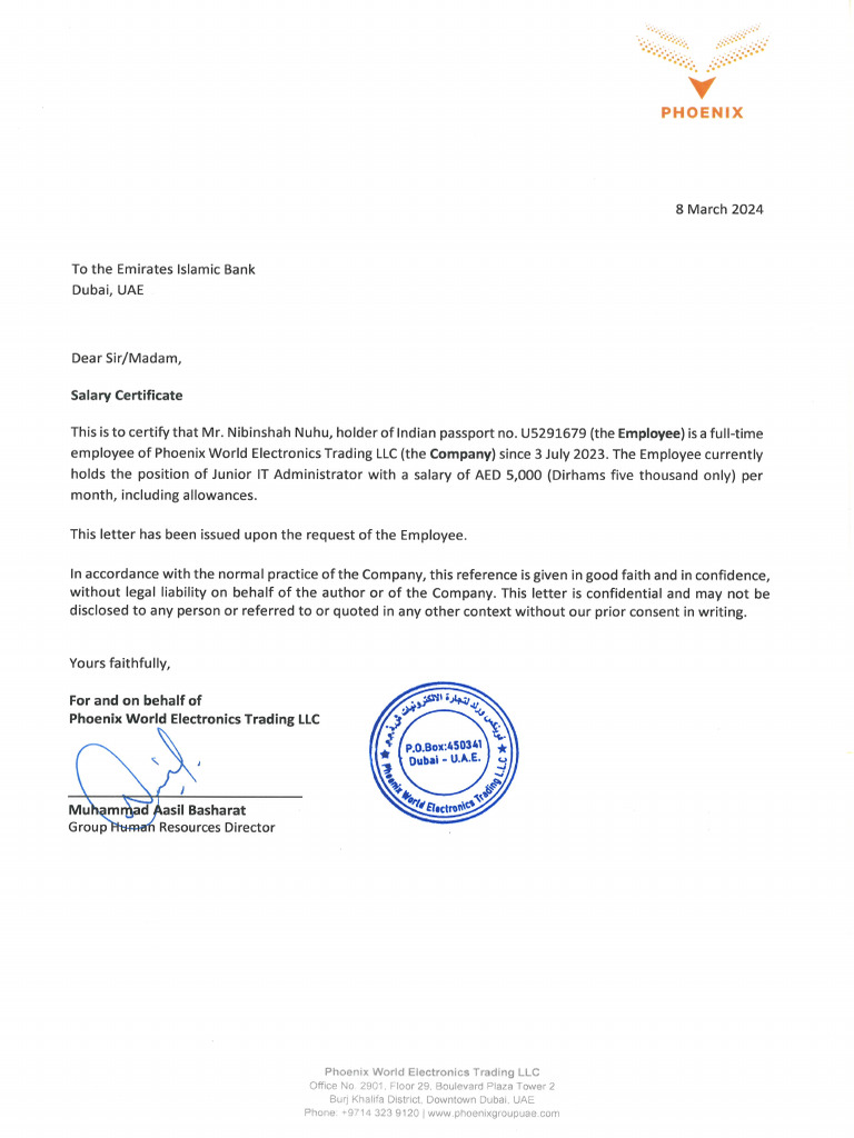 Salary Certificate Nibinshah Nuhu EIB March 2024 | PDF