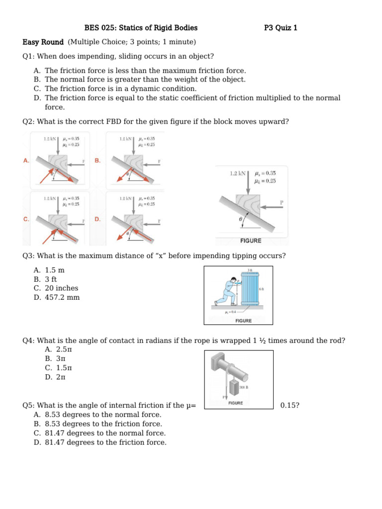 Bes 025 p3 Quizzes | PDF | Friction | Force