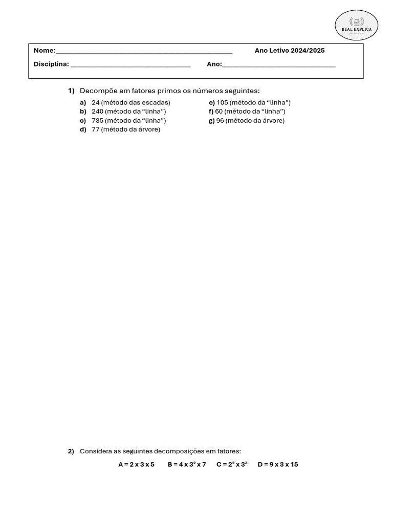 Ficha Fatores Primos, MMC e MDC | PDF | Número primo