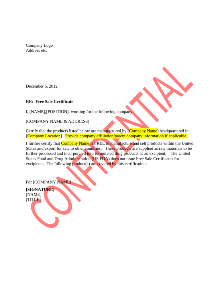 Free Sale Certificate for Excipients | PDF