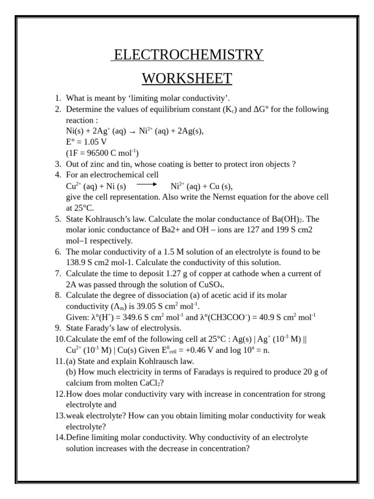 ELECTROCHEMISTRY Worksheet | PDF