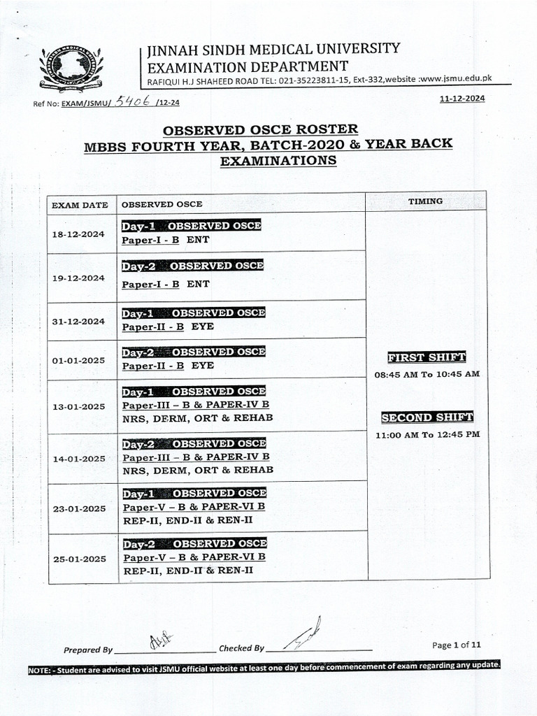 Observed Osce Roster Mbbs Fourth Year Batch 2020 Year Back Examination ...