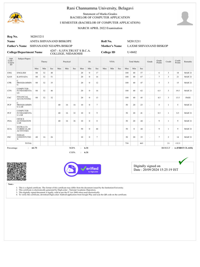 BCA Semester I Marks Statement | PDF | Applications Of Cryptography ...