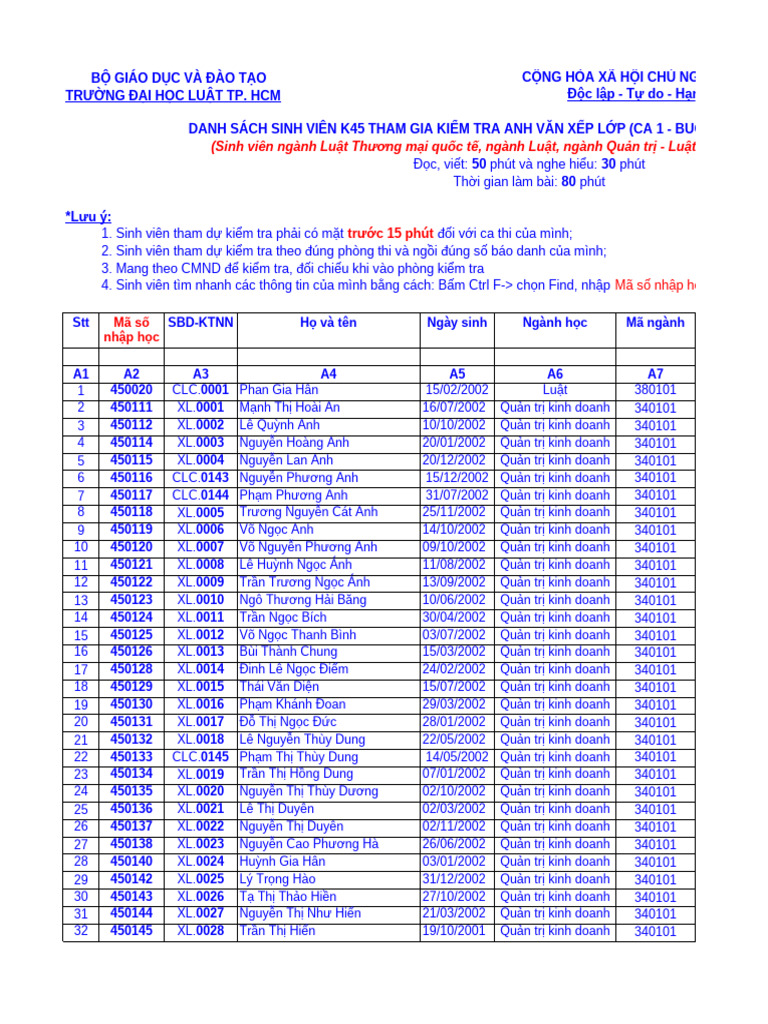 DSSV K45 - Tong Hop Kiem Tra Anh Van Xep Lop & CLC - Ngay 24.10.2020 - Chinh Thuc | PDF