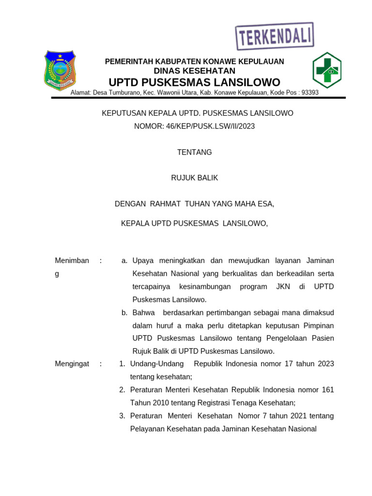 Keputusan Rujuk Balik Puskesmas Lansilowo | PDF