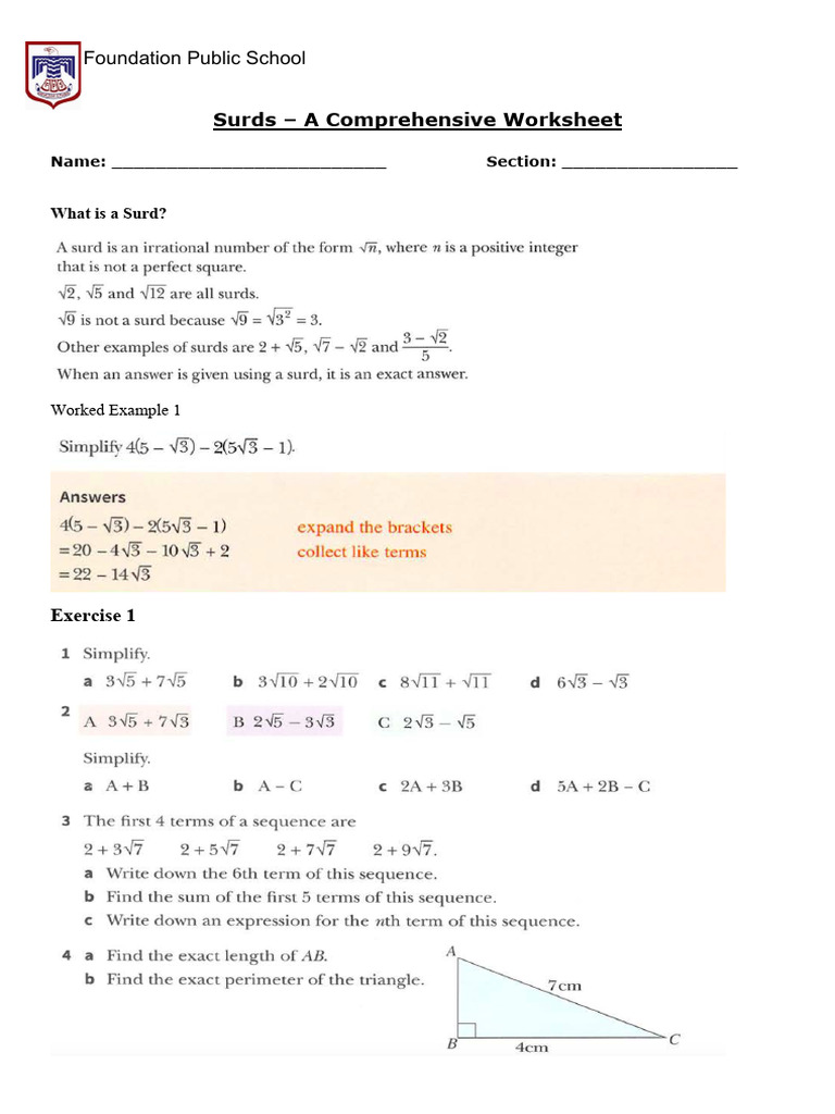 Surds Worksheet PDF | PDF